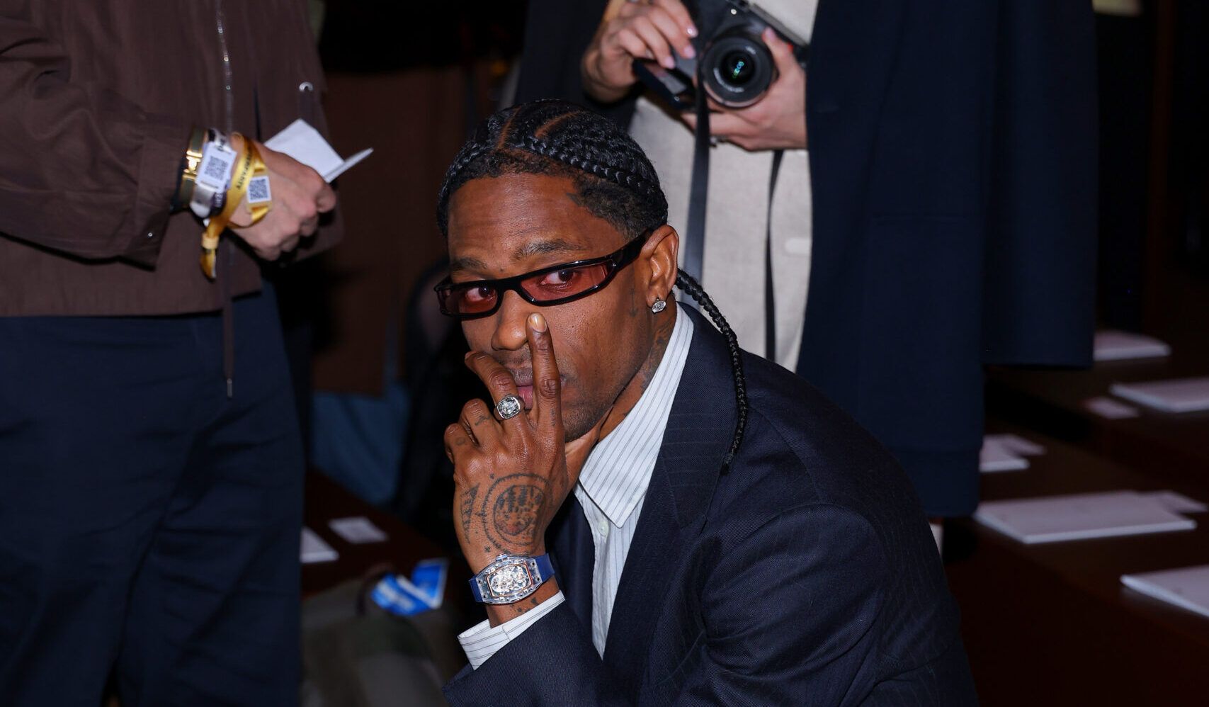 Travis Scott Front Row At Hermes Paris Fashion Week Show In Navy Suit