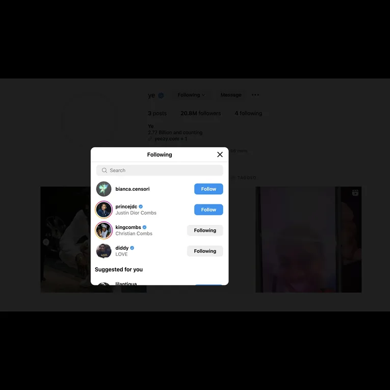 Kanye West Is Only Following Diddy, Bianca Censori & Sean Combs' Sons ...